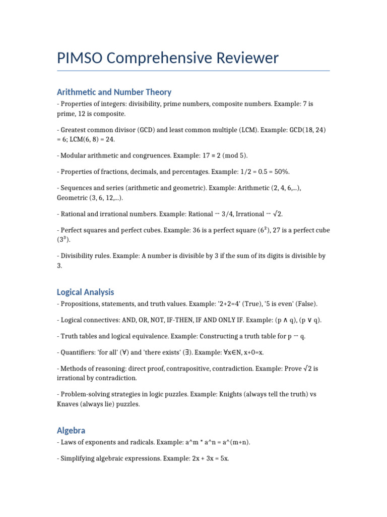 PIMSO Comprehensive Reviewer Expanded | PDF | Numbers | Algebra