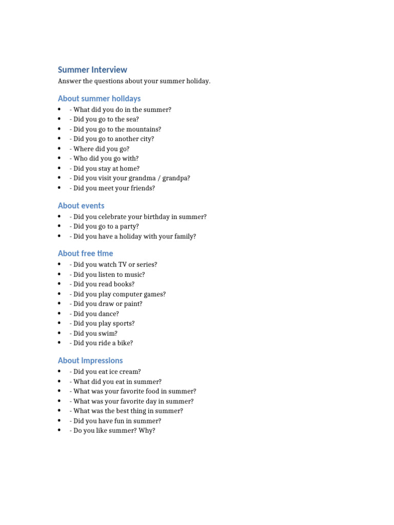 Summer Holiday Experience Questions | PDF