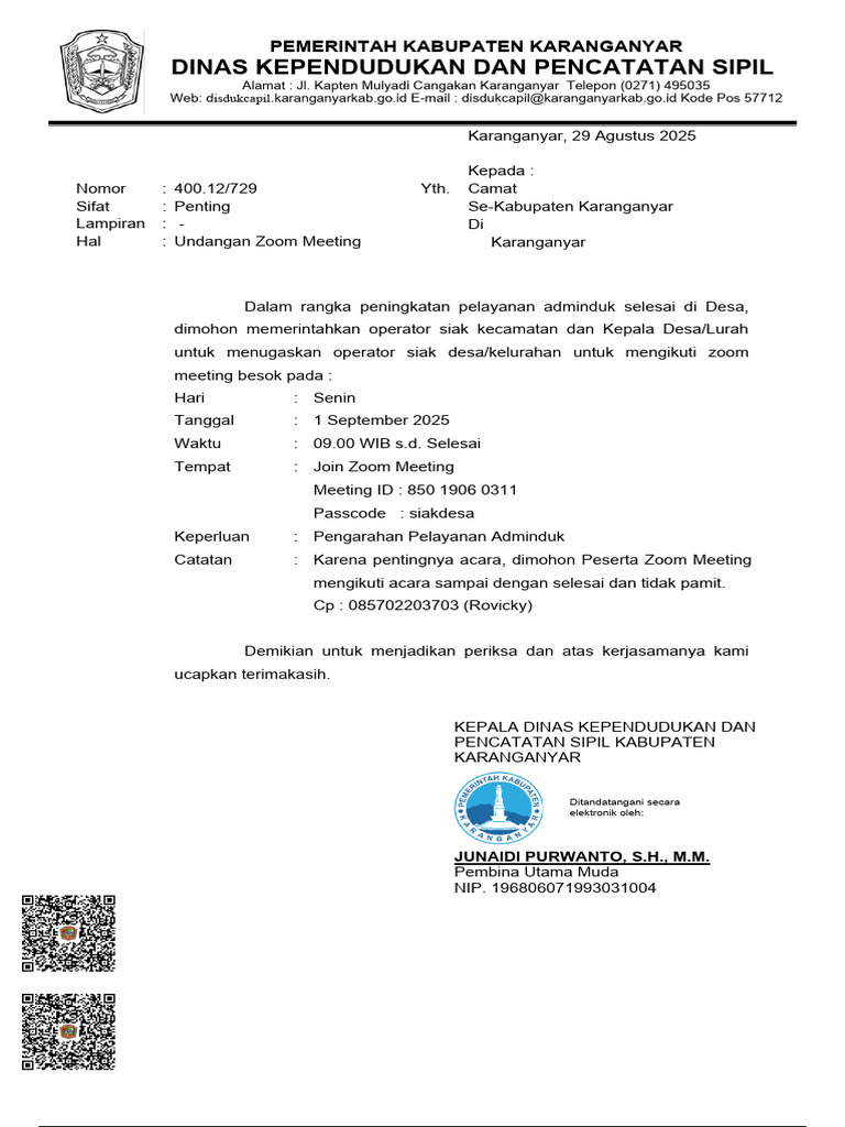 Undangan Zoom Meeting Pelayanan Adminduk | PDF