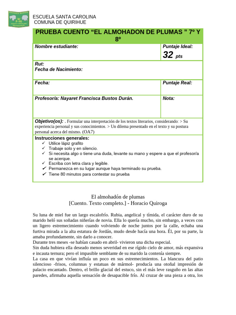 PRUEBA CUENTO El Almohadon de Plumas | PDF
