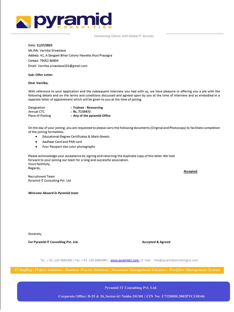 Offer Letter for Trainee - Resourcing | PDF | Employment | Salary