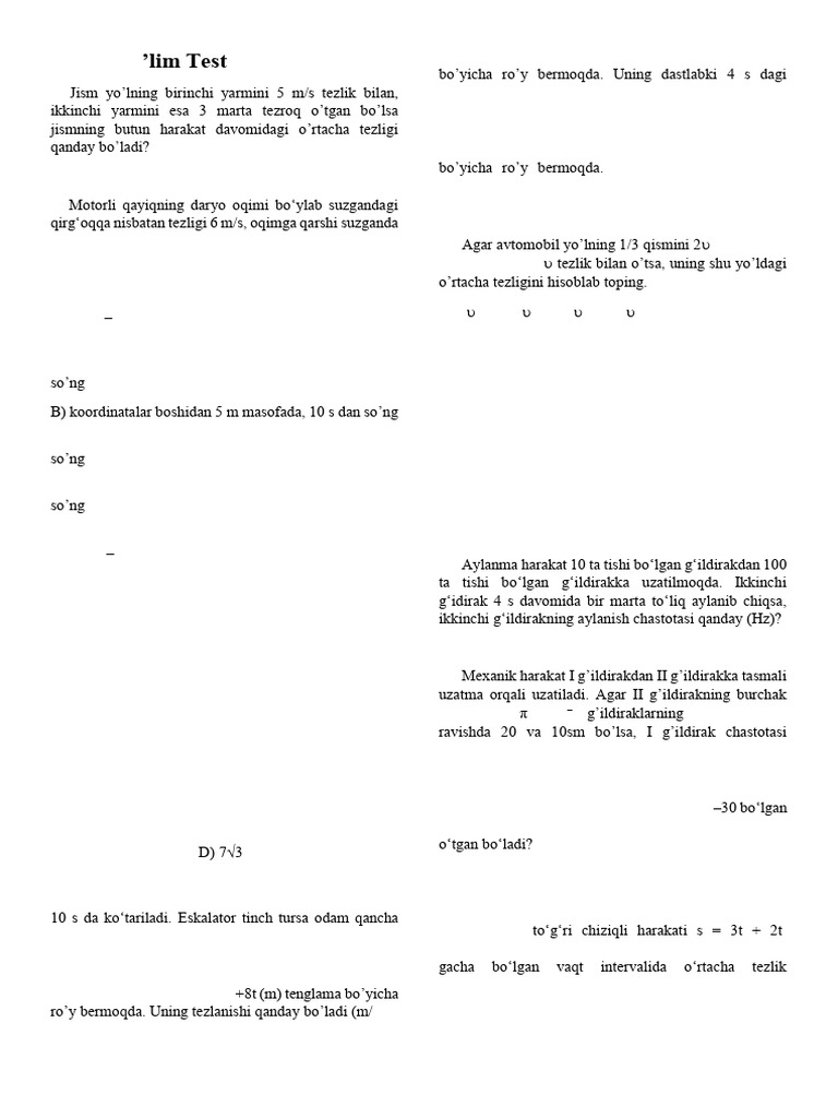 1-Bo'Lim Test Kinematika | PDF
