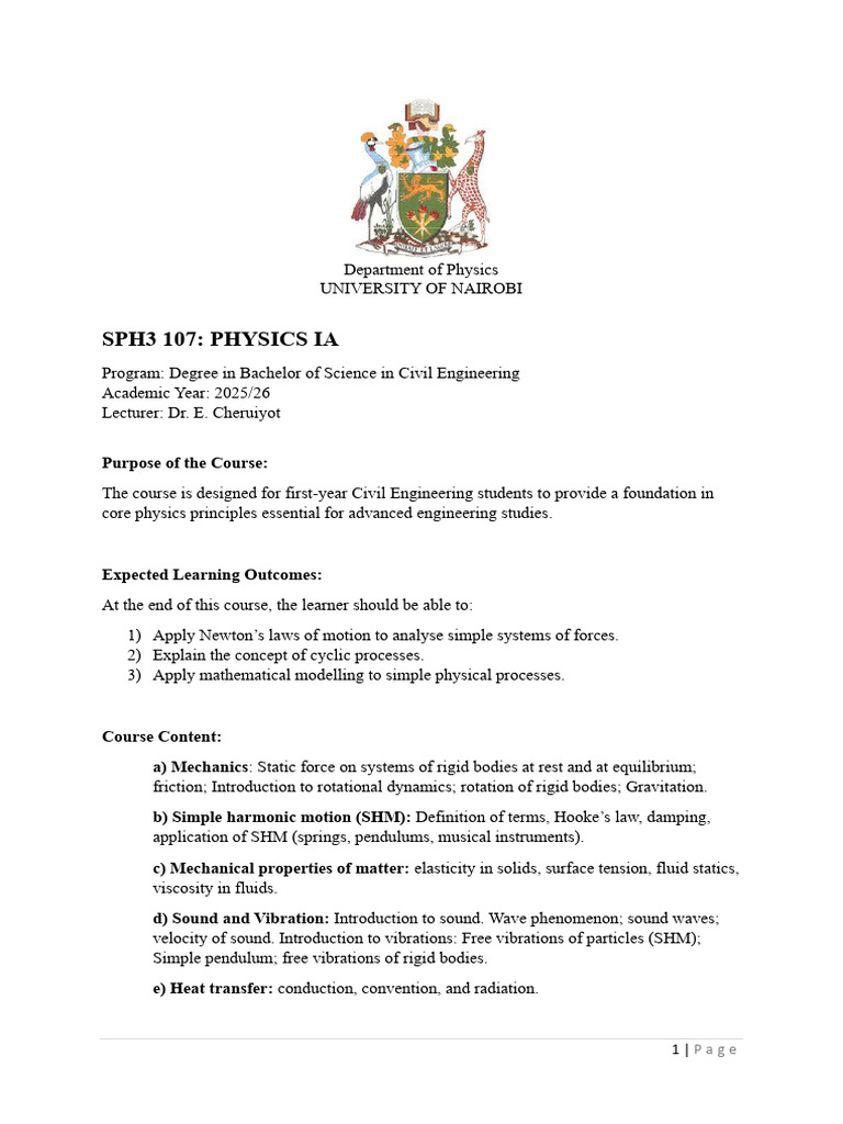 Sph3 107 Physics 1a - Course Outline | PDF | Force | Heat