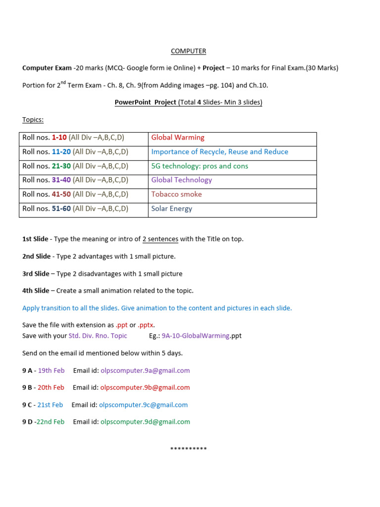 COMPUTER PPT Project Details-Std9 Feb21 | PDF
