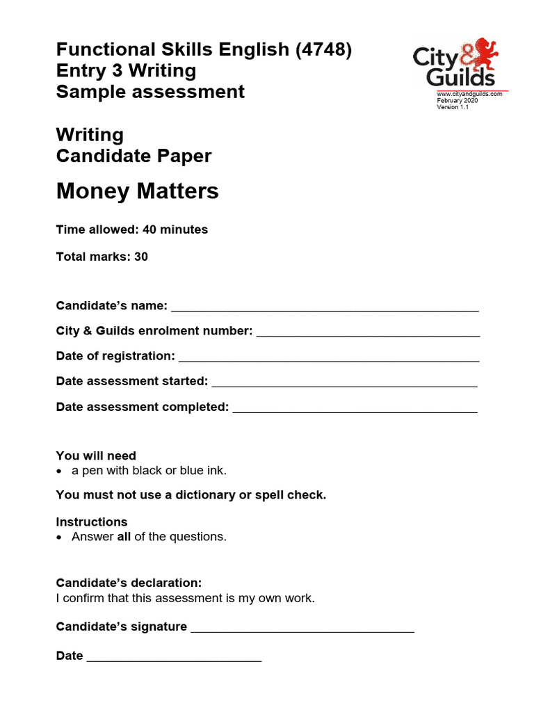 4748 E3 Writing Sample Money Matters Candidate Paper v1-1 PDF | PDF ...