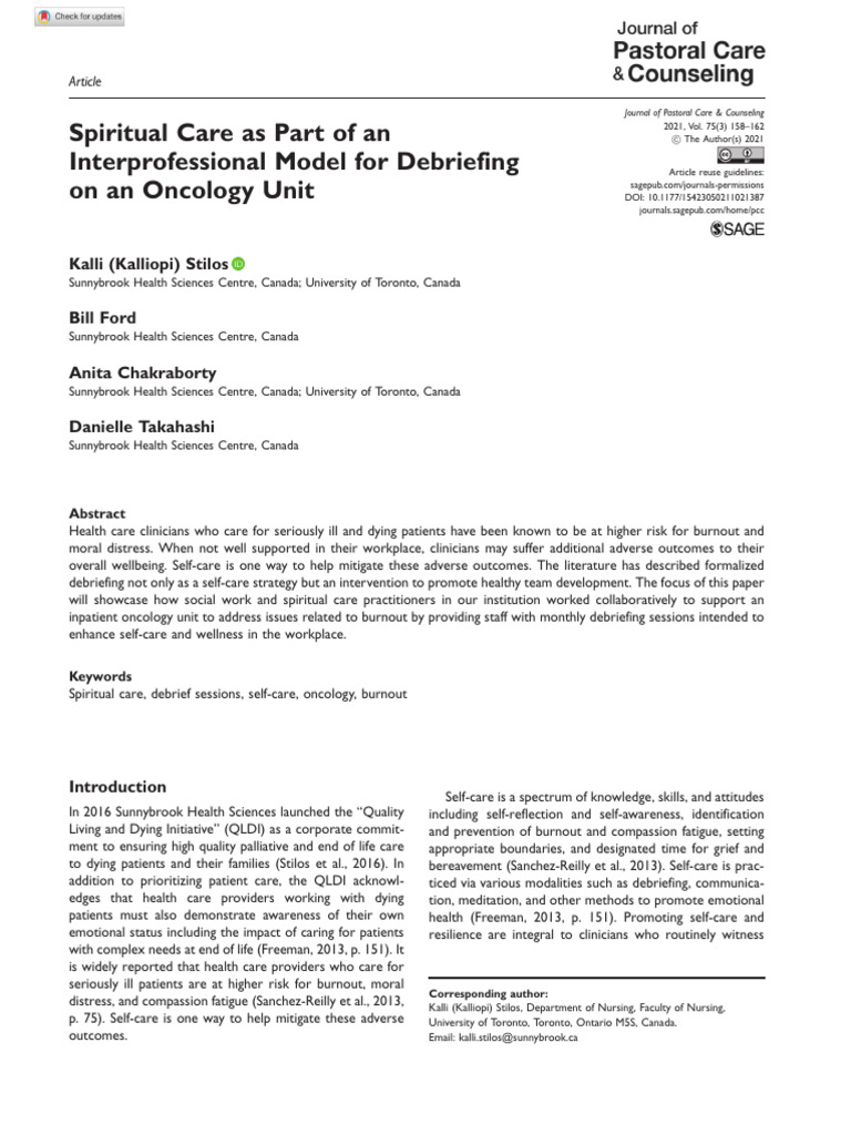 Stilos Et Al 2021 Spiritual Care As Part of An Interprofessional Model ...
