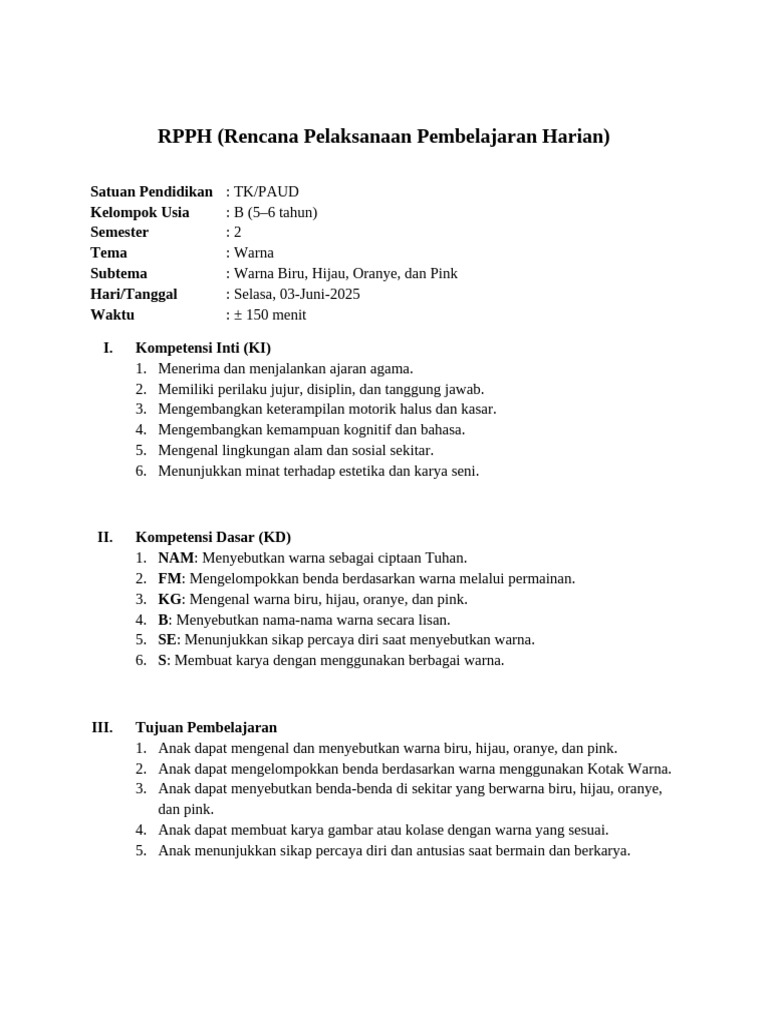 RPPH Warna Semester 2 | PDF