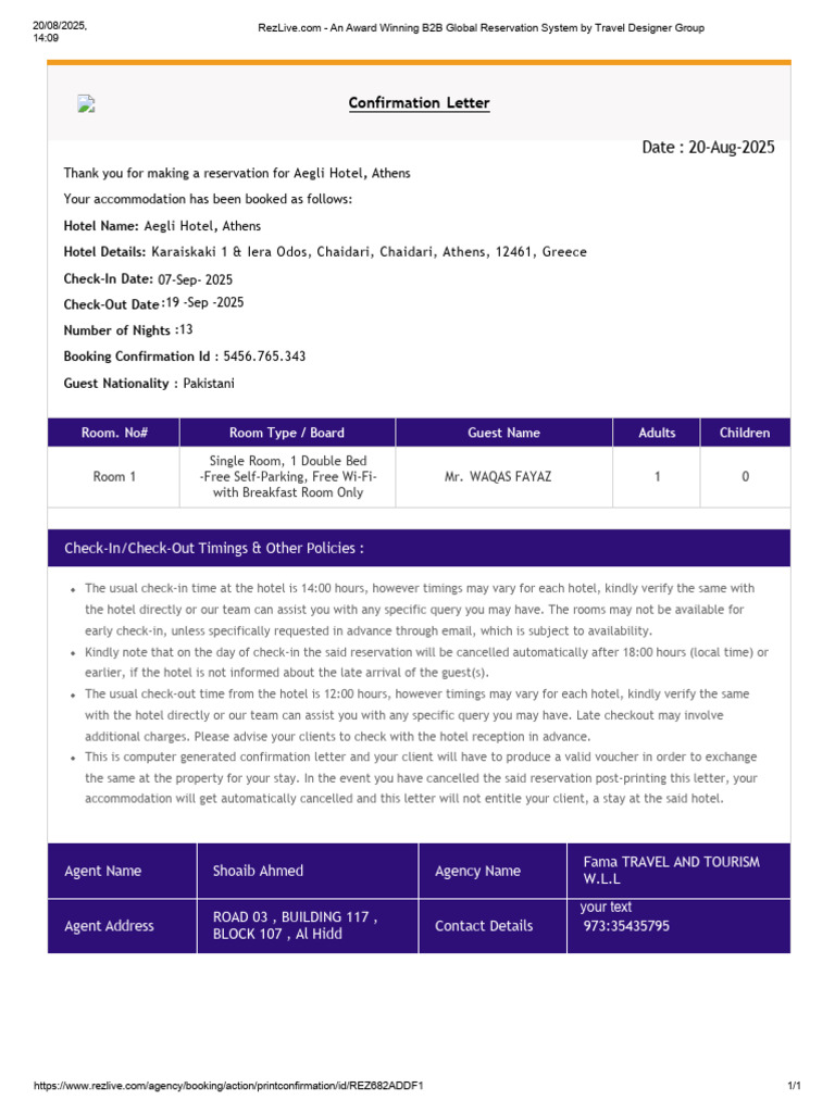 Waqas Hotel Confirmation Letter | PDF | Hotel | Hospitality Industry