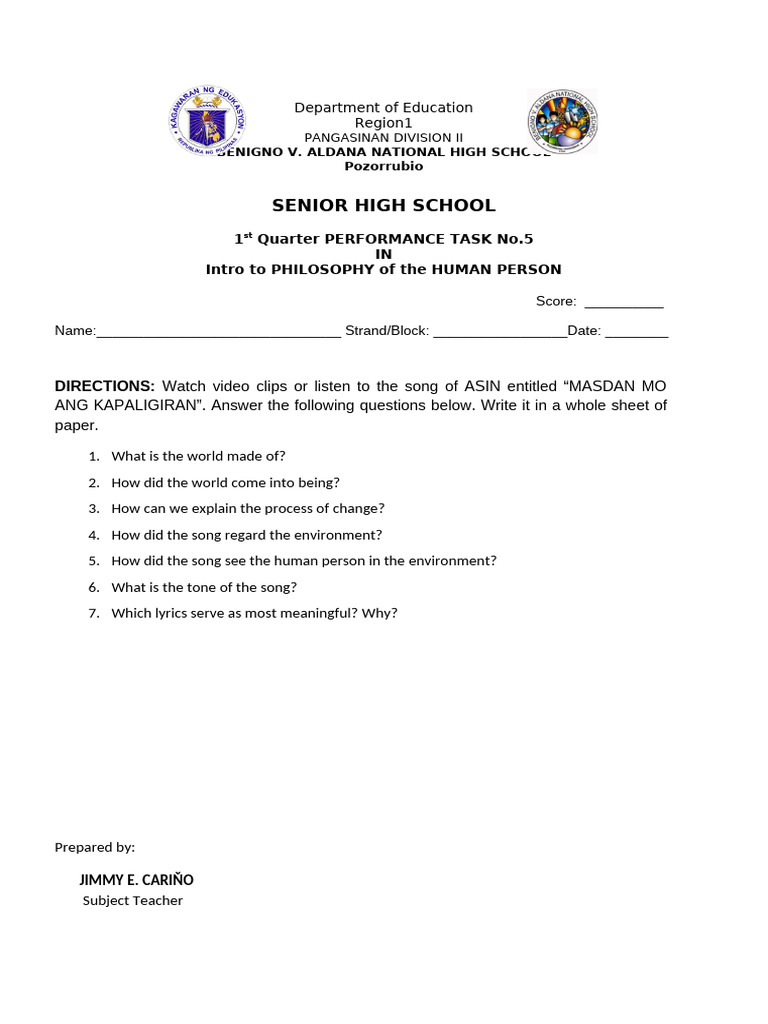 Qtr1 Performance Task No.5 | PDF