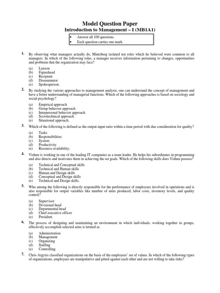 Model Question Paper: Introduction To Management - I (MB1A1) | PDF ...