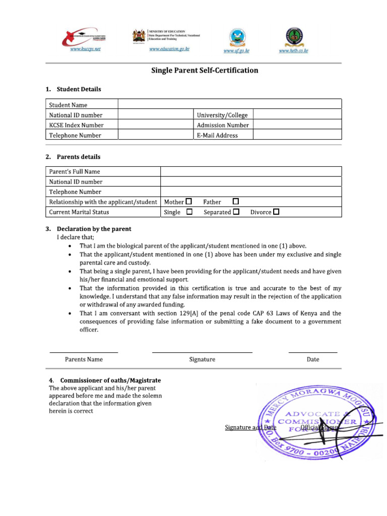 Single Parent Form With Stamp | PDF