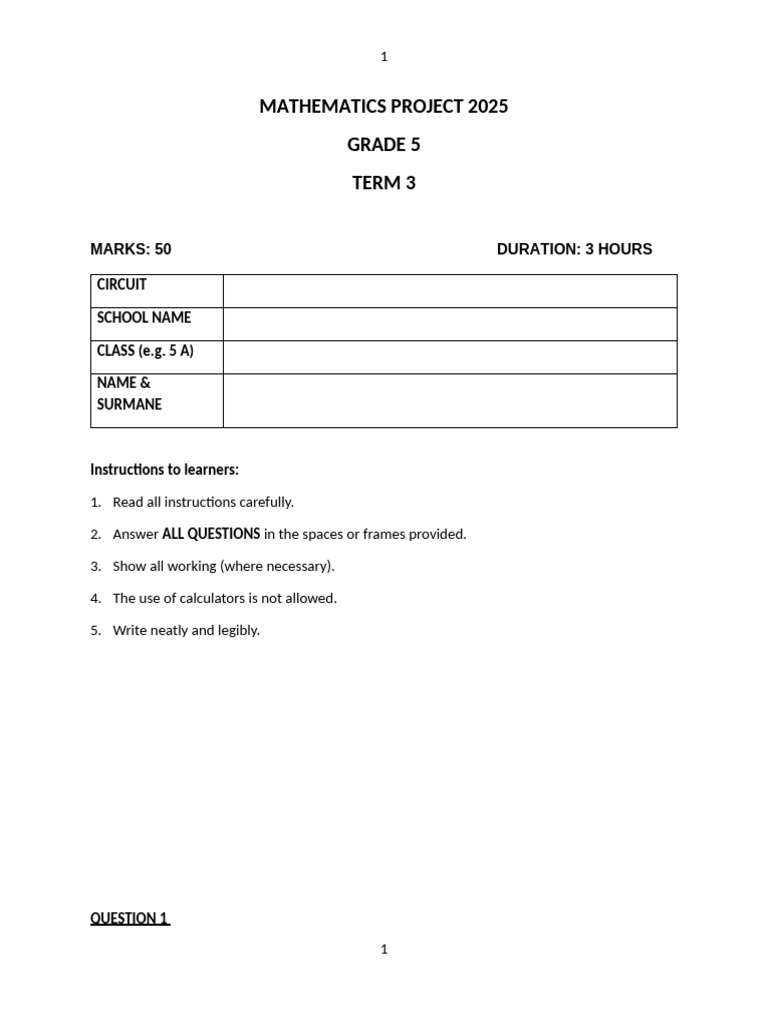 Grade 5 Term 3 Maths Project 2025 | PDF | Mathematics | Arithmetic