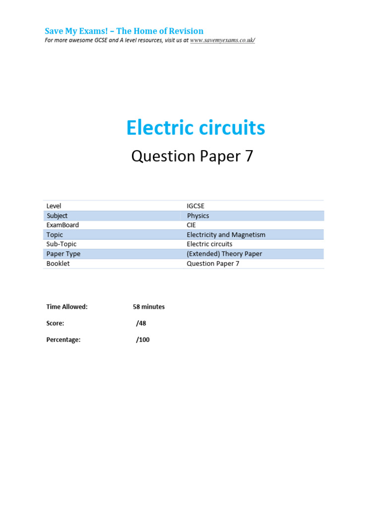 IGCSE Physics Electric Circuits Exam Paper | PDF | Resistor | Series ...