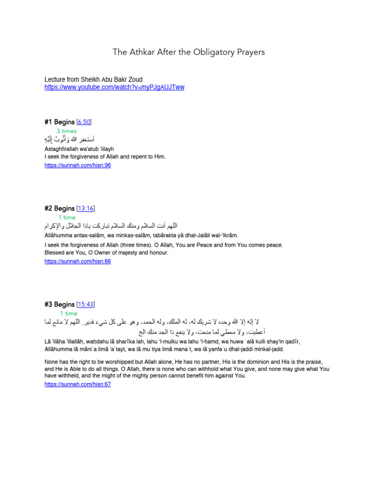Athkar After Obligatory Prayers | PDF | Islamic Texts | Religious ...
