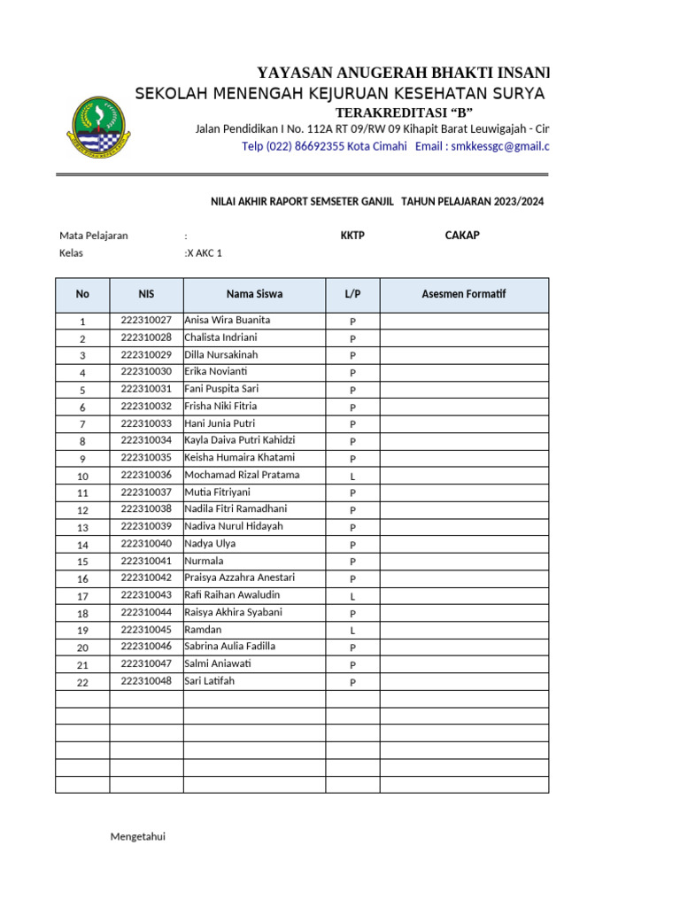 Format Nilai Rapot | PDF