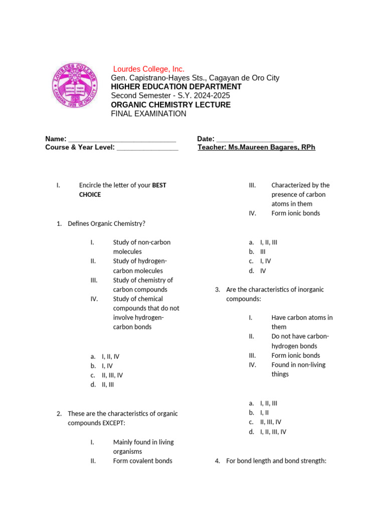 Organic Chemistry Final Exam 2024-2025 | PDF | Chemical Bond | Acid