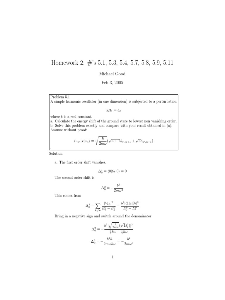Homework 2: Problems 5.1, 5.3, 5.4 | PDF | Perturbation Theory (Quantum Mechanics) | Eigenvalues ...