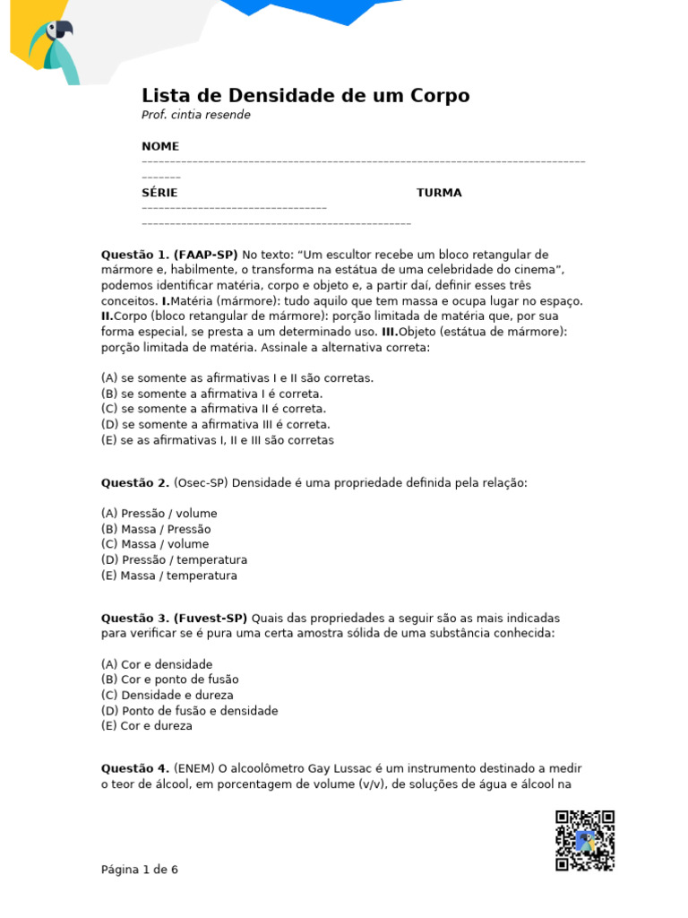 Densidade: Questões e Respostas | PDF | Densidade | Temperatura