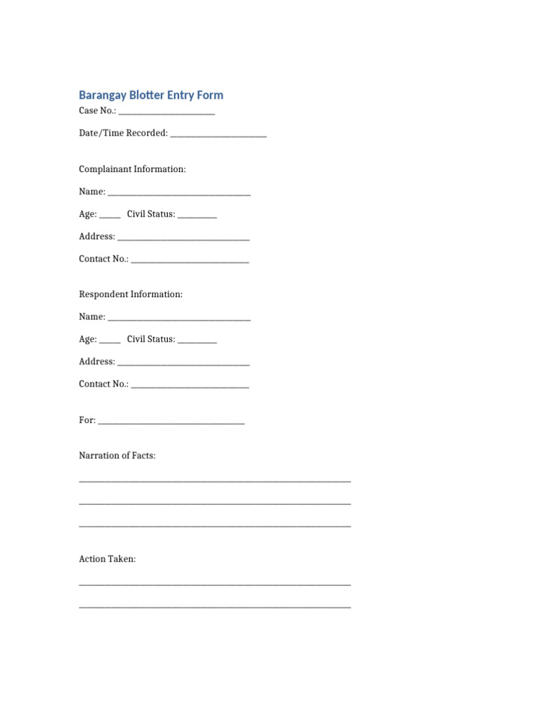 Barangay Blotter Entry Form Template | PDF