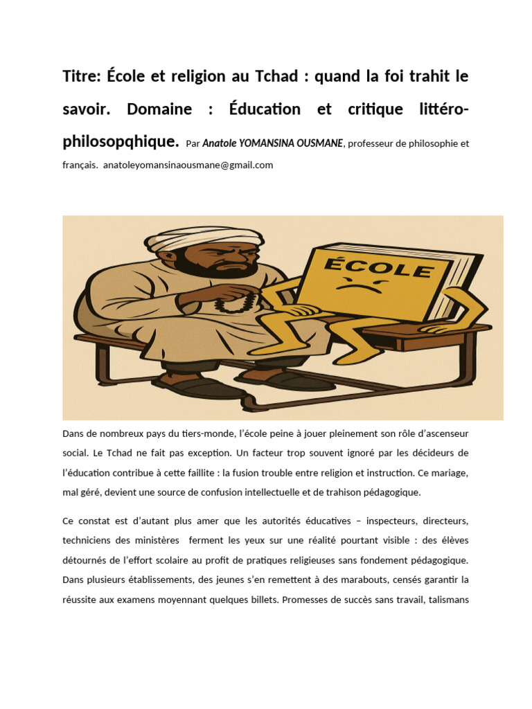 Éducation et religion au Tchad : enjeux critiques | PDF | Pédagogie ...