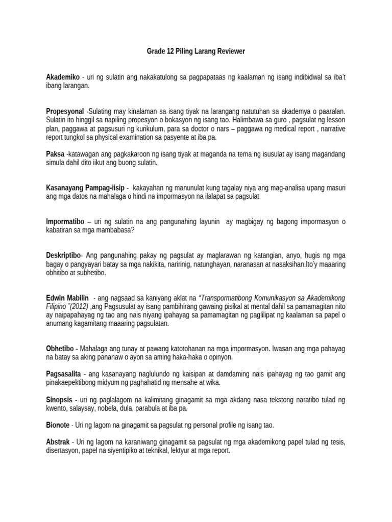 Grade 12 Piling Larang Reviewer | PDF