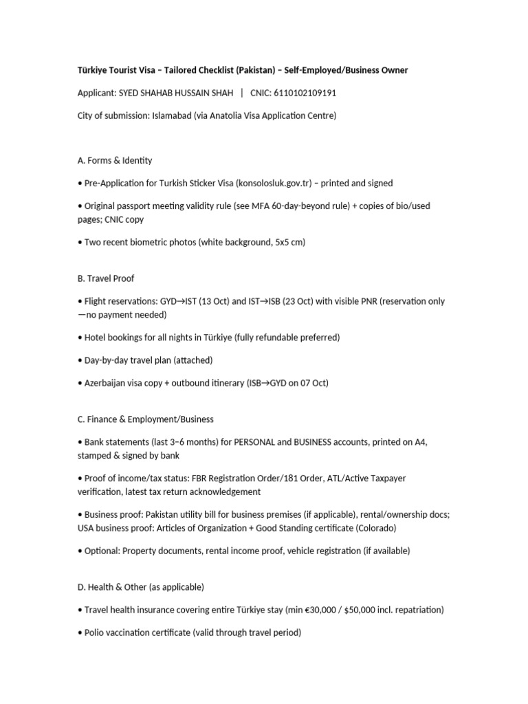 Turkey Visa Checklist for Pakistan Applicants | PDF