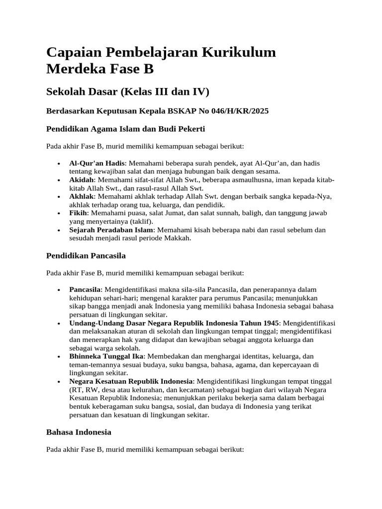 Capaian Pembelajaran Kurikulum Merdeka Fase B | PDF