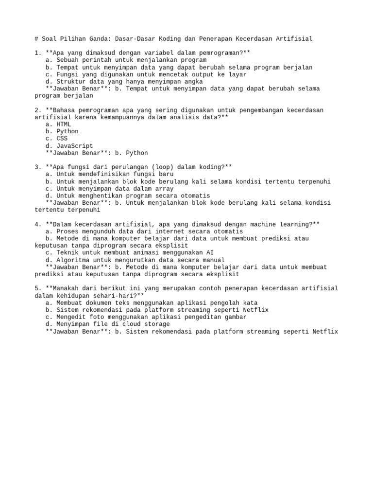 Soal Pilihan Ganda Koding Dan AI | PDF