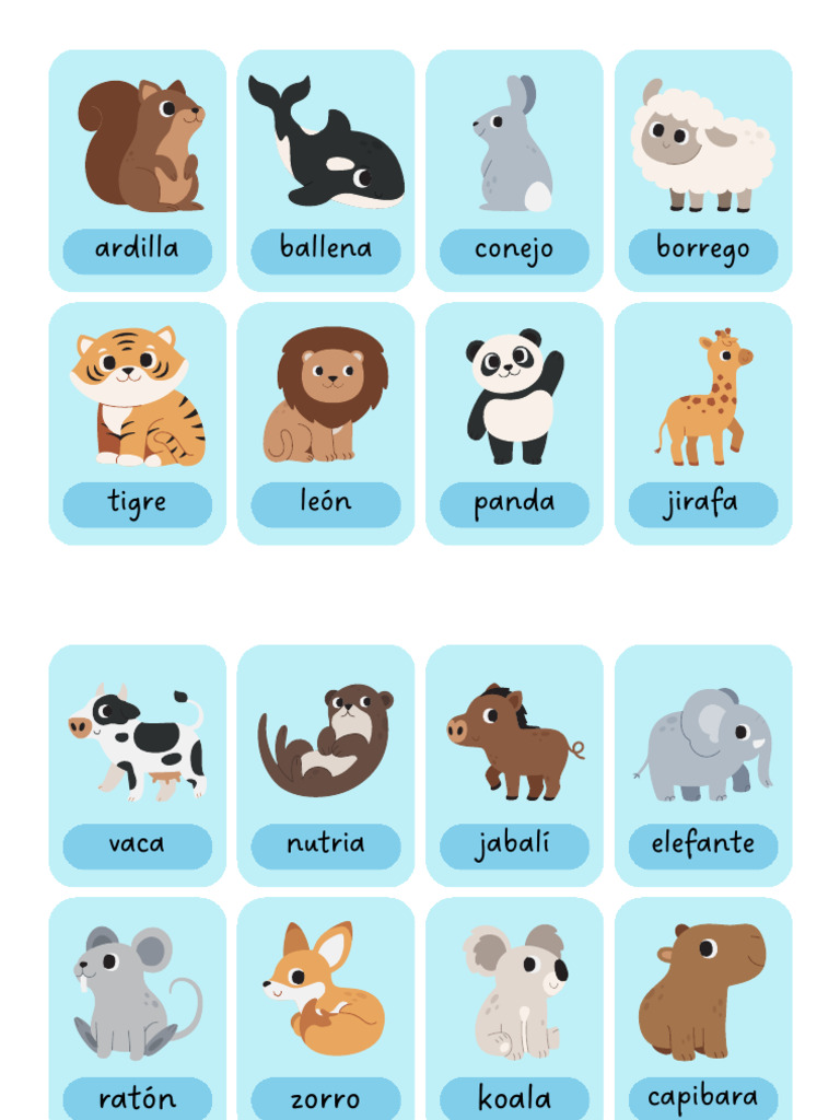 Tarjetas Educativas de Animales Cartoon Azul | PDF