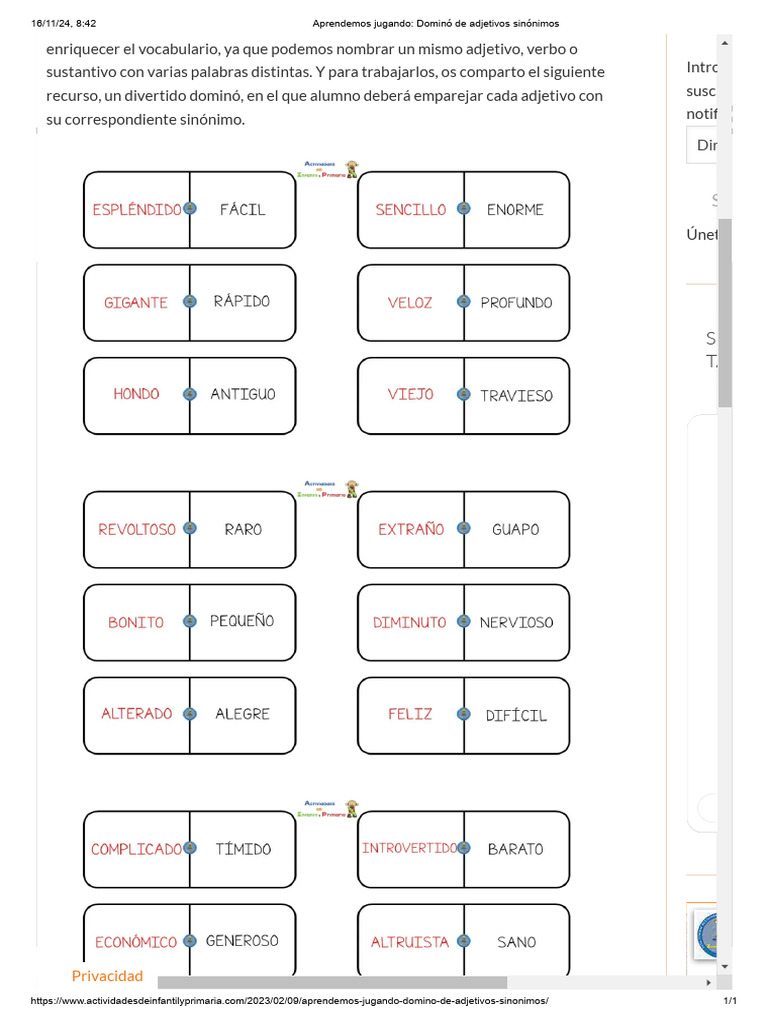 Aprendemos Jugando - Dominó de Adjetivos Sinónimos | PDF