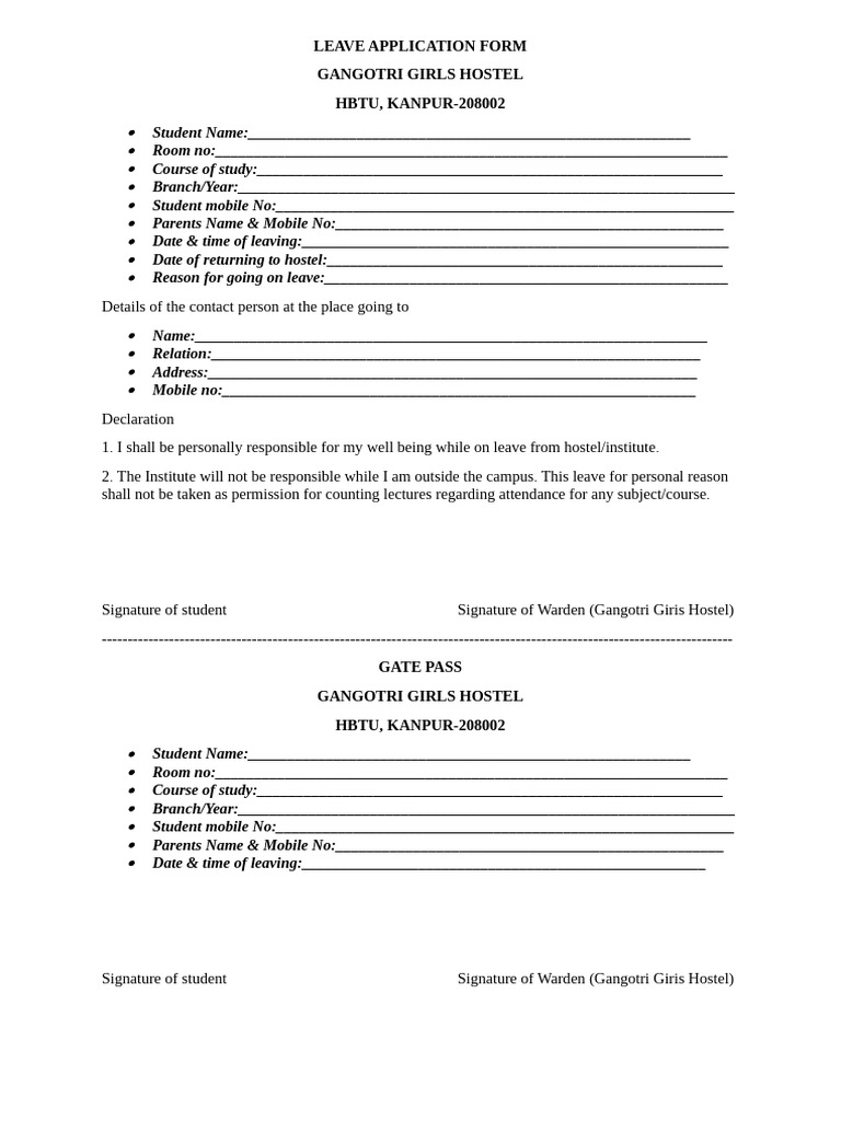 Gangotri Girls Hostel Leave Form | PDF