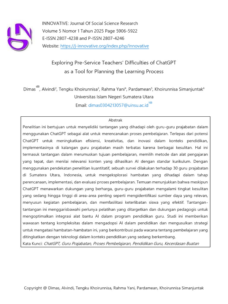 Exploring Pre-Service Teachers' Difficulties of Chatgpt As A Tool For ...