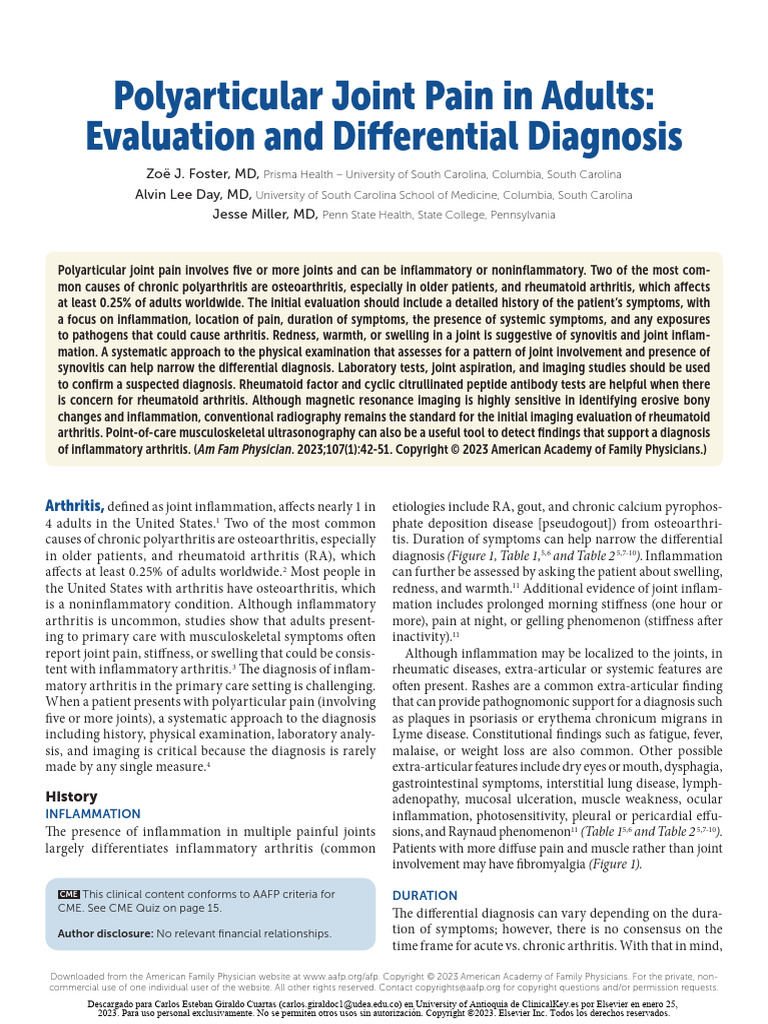 Polyarticular Joint Pain in Adults Evaluation and Differential ...