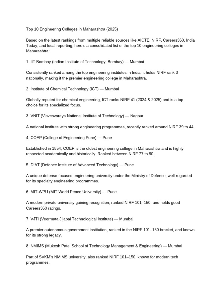 Top 10 Engineering Colleges in Maharashtra (2025) | PDF