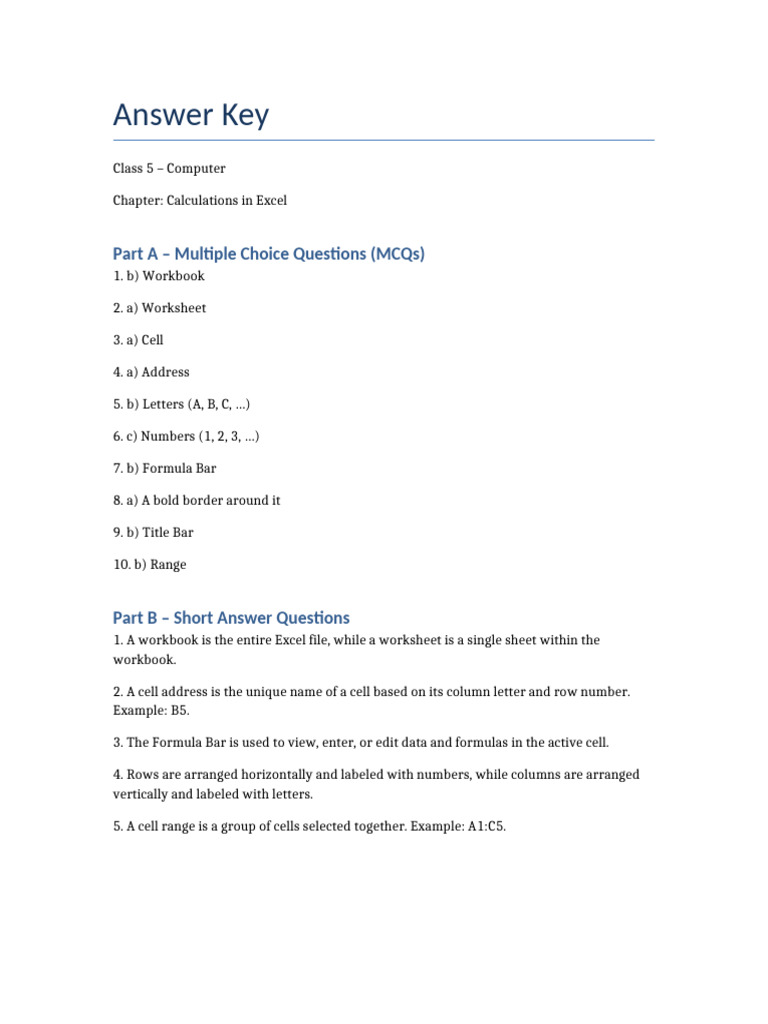 Calculations in Excel Answer Key Worksheet 2 | PDF