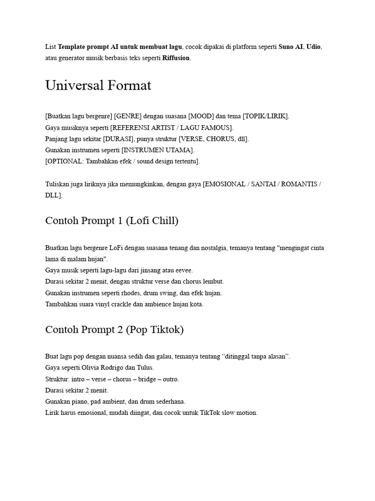Template Prompt AI untuk Lagu | PDF