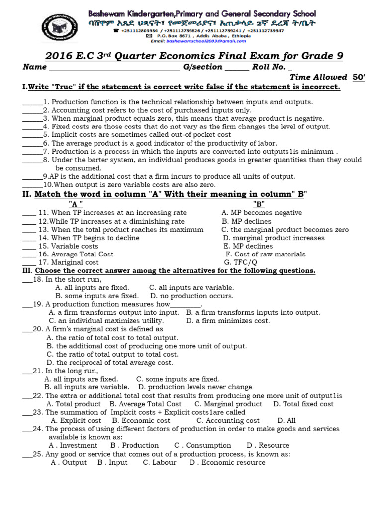 Grade 9 Economics Final Exam Q3 2016 | PDF | Marginal Cost | Factors Of ...