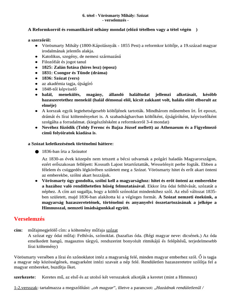 Verselemzés: 6. Tétel - Vörösmarty Mihály: Szózat - Verselemzés | PDF