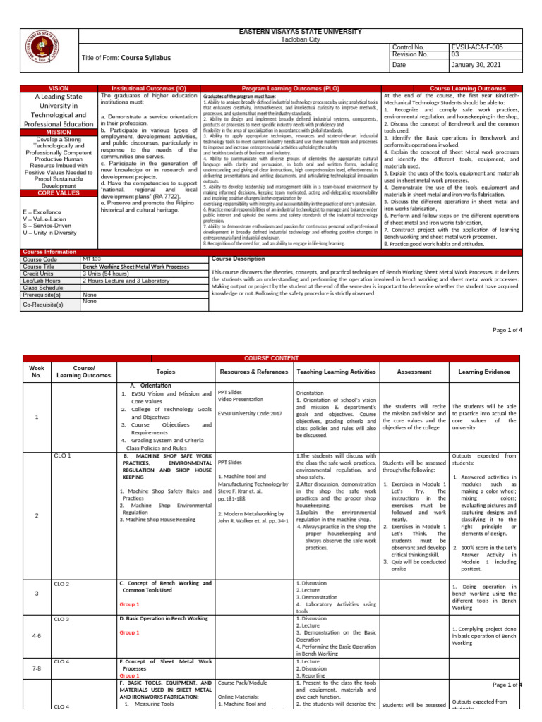 Bench Working & Sheet Metal Syllabus | PDF | Learning