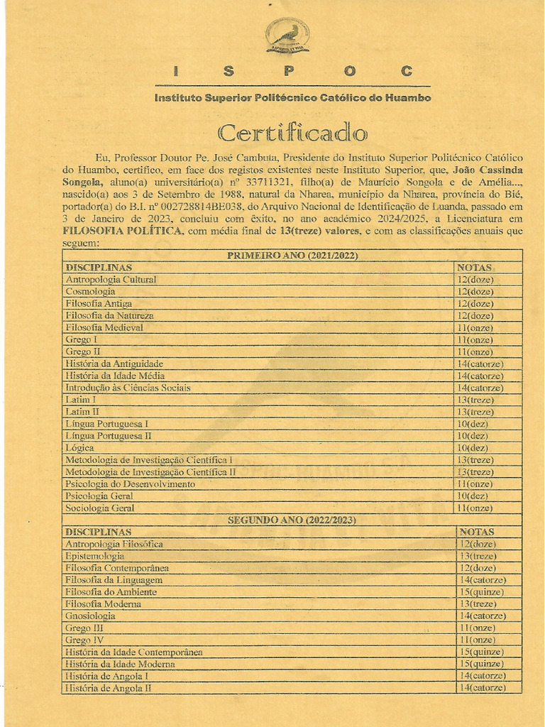 Certificado de Licenciatura - Ispoc - Huambo | PDF
