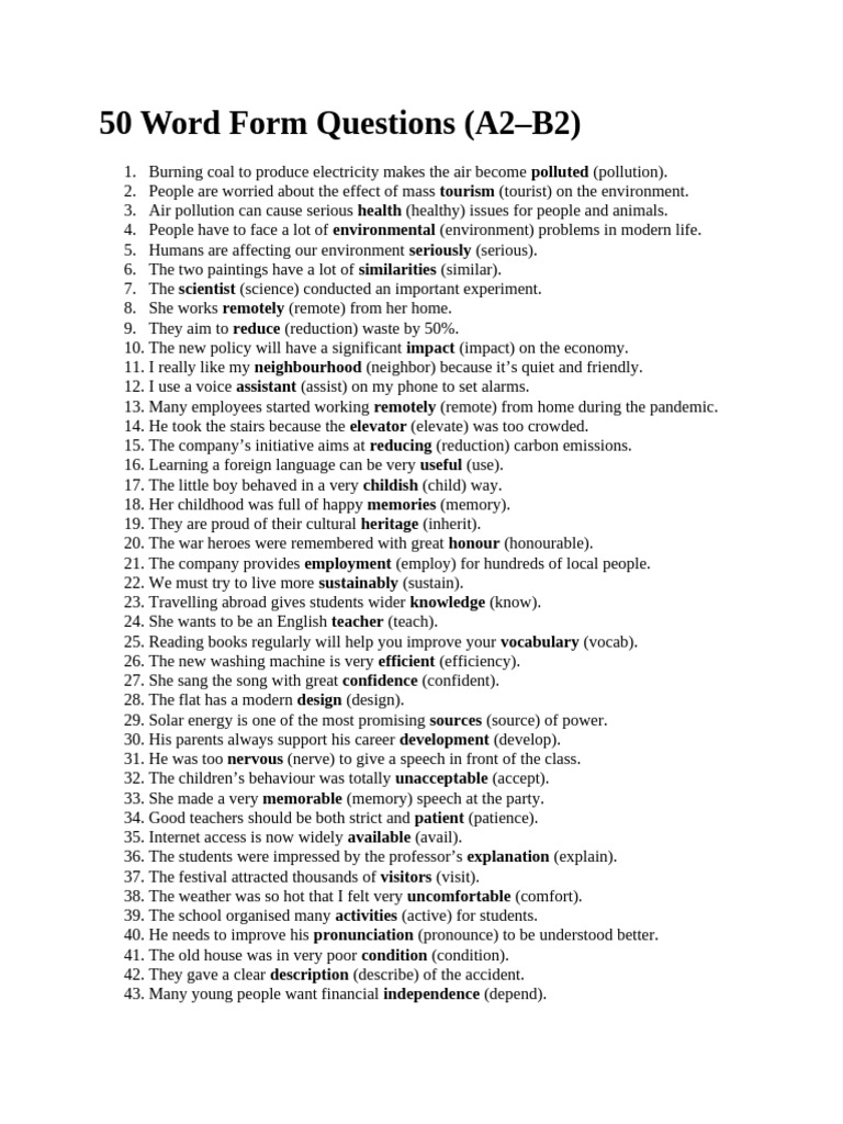 50 Word Form Questions | PDF | Natural Environment