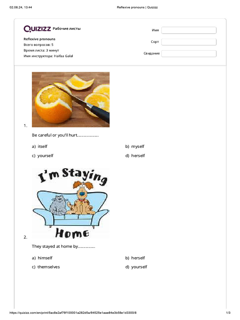 Reflexive Pronouns Quiz Worksheet | PDF
