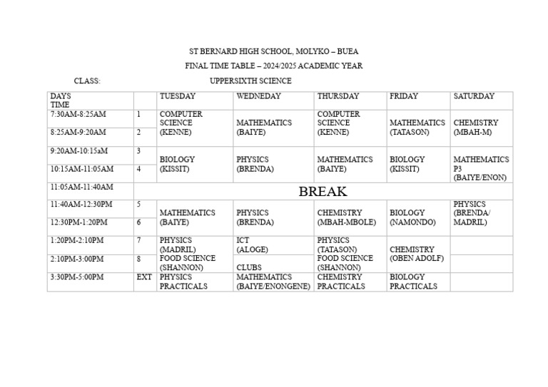 St Bernard High School Upper Sixth Timetable | PDF