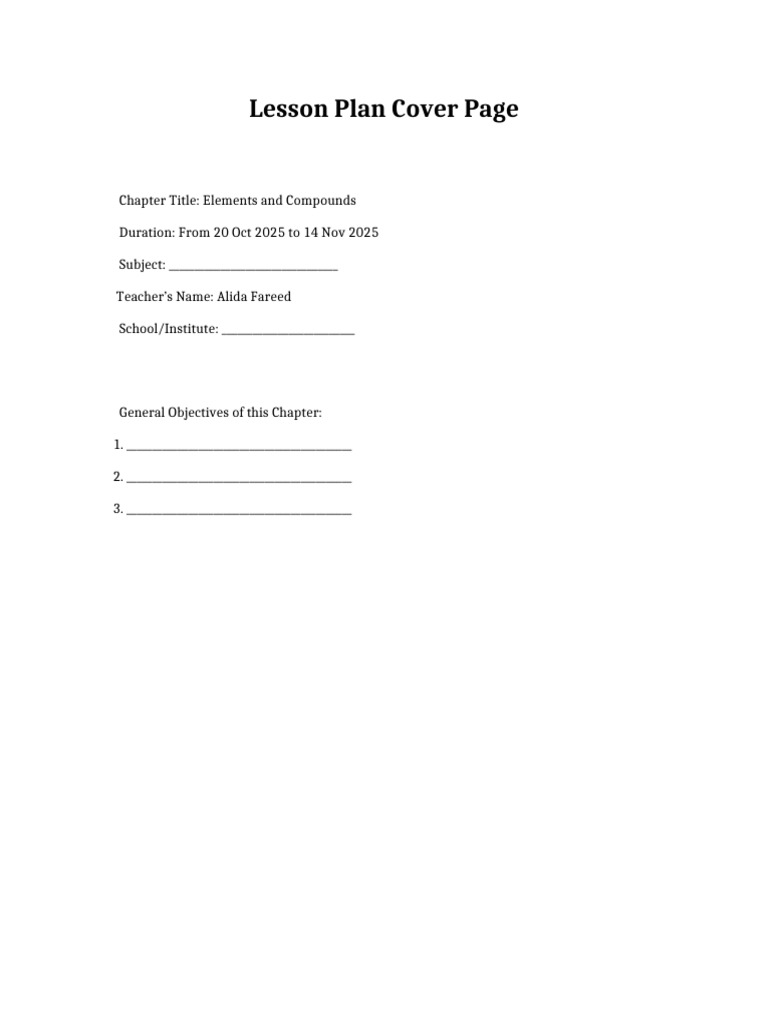 Lesson Plan Cover Elements Compounds | PDF