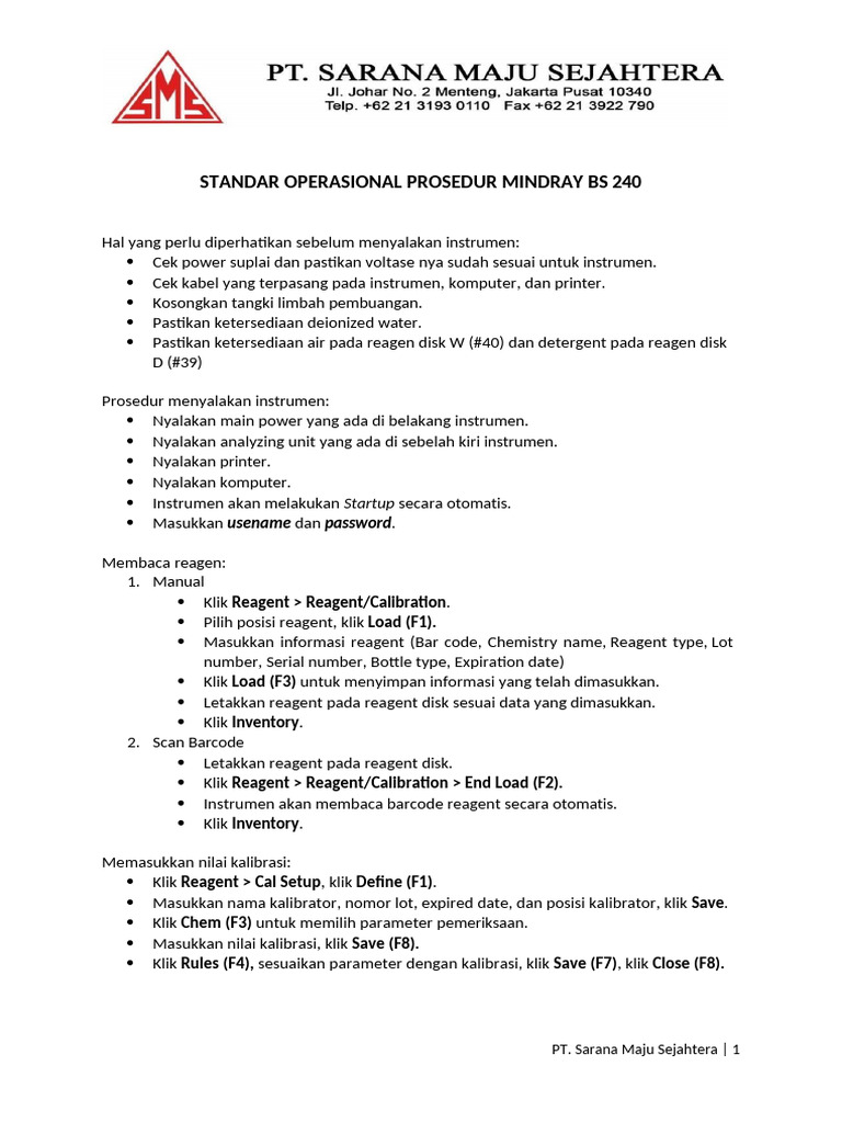 Prosedur Operasional Mindray BS 240 | PDF