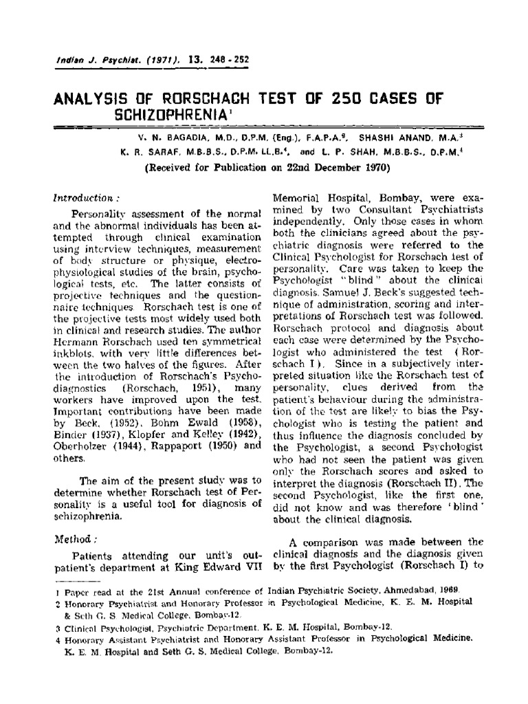 Rorschach Test Analysis in Schizophrenia | PDF | Medical Diagnosis ...