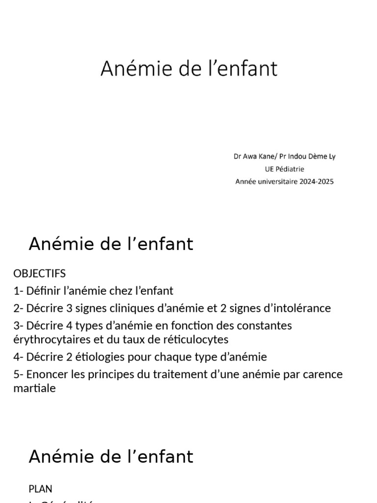 Anémie de L'enfant UCAD 2024 2 | PDF | Anémie | Pathologie clinique