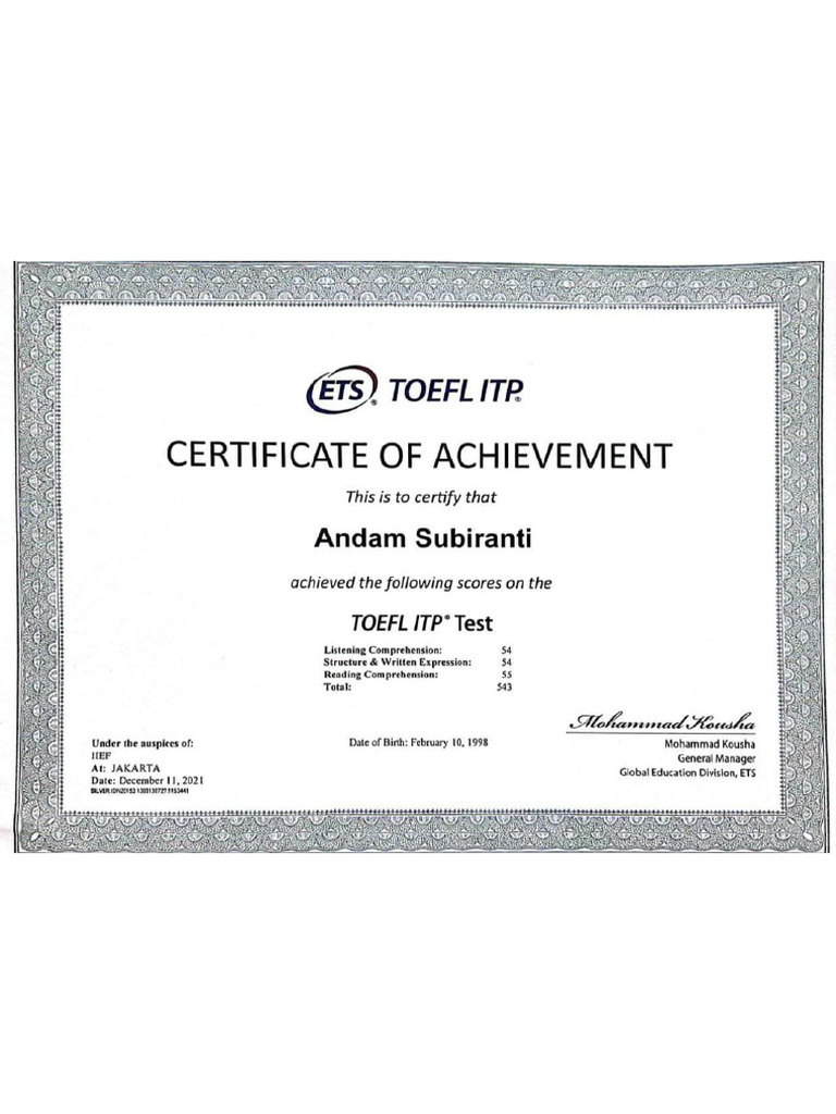 ETS TOEFL Certificate | PDF