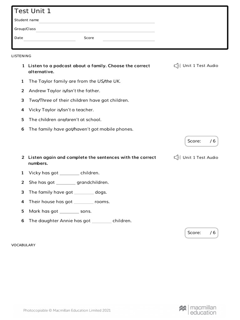 Unit 1 Test: Listening & Grammar | PDF