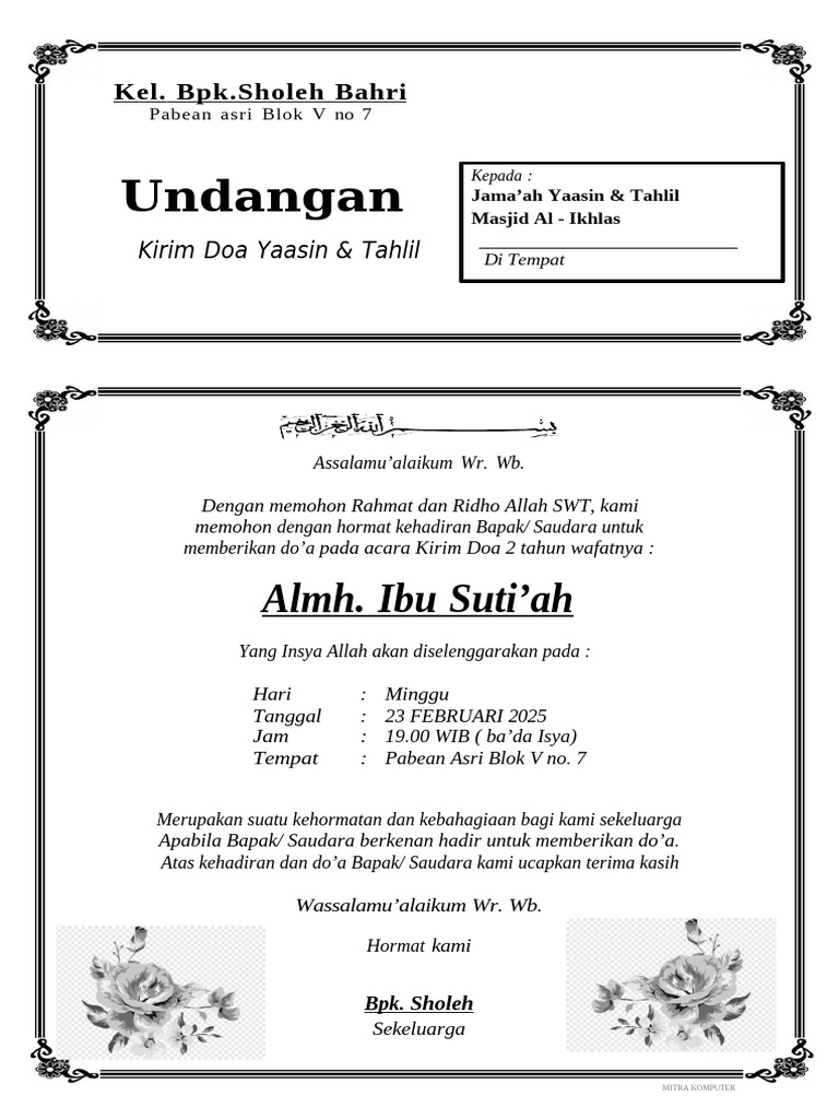 Undangan Jama`Ah Yasin&Tahlil Masjid Al-Ikhlas | PDF